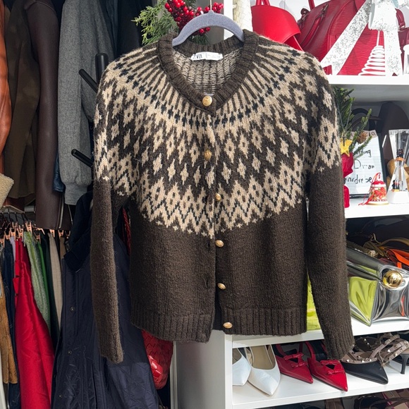 Zara | Sweaters | Zara Fair Isle Cream And Brown Patterned Cardigan ...